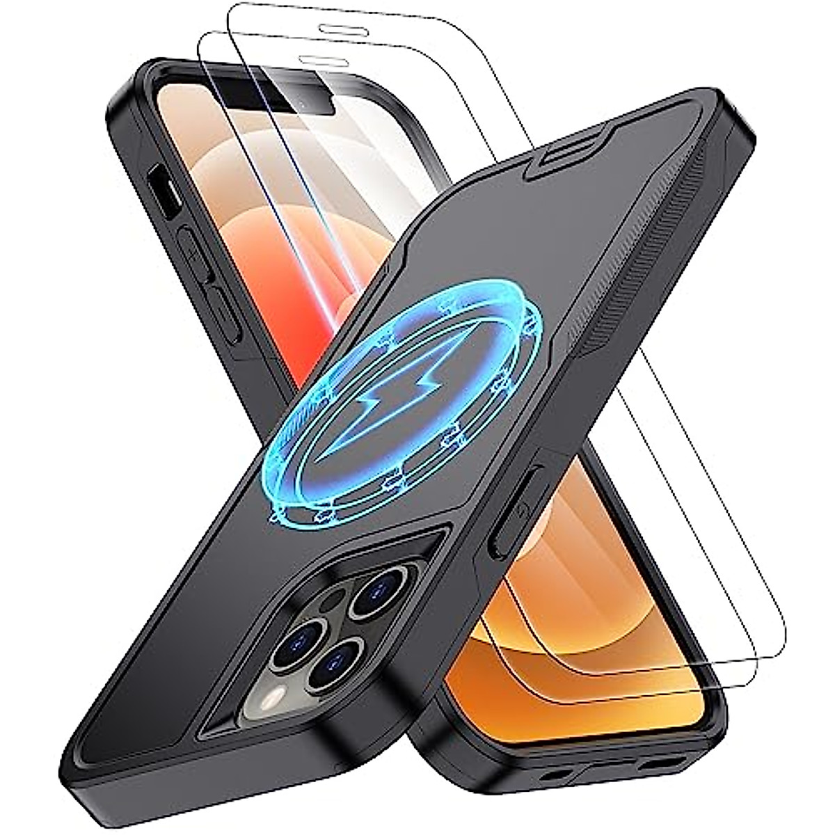 ONOLA Magnetic Case for iPhone 12 Case, iPhone 12 Pro Case [Compatible with Magsafe] [with 2 pcs Tempered Glass Screen Protector] Heavy-Duty Slim Shockproof Case for iPhone 12/12 Pro (Black)