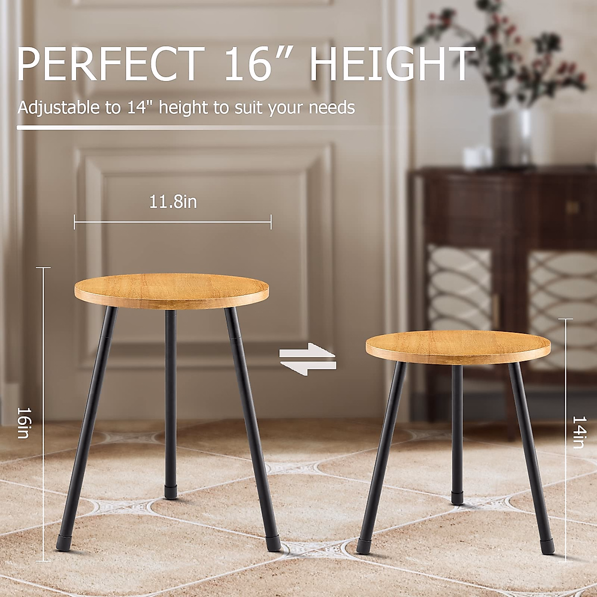 KINNARY Indoor Plant Stand, Mid Century Wood Plant Stand Plant Table for Flower Pots, Tall Metal Plant Holder, Modern Home Decor Small Round Side End Table (11.8"x16")