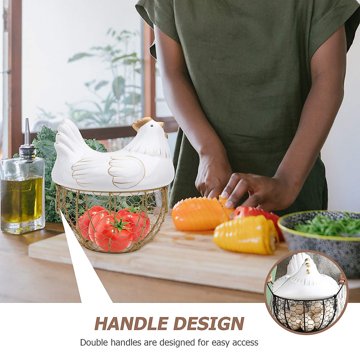 LIFKOME Chicken Egg Basket Metal Wire Egg Storage Basket with Ceramic Farm Chicken Lids for Gathering Fresh Eggs Chicken Egg Holders Egg Storage Container for Countertop, Kitchen