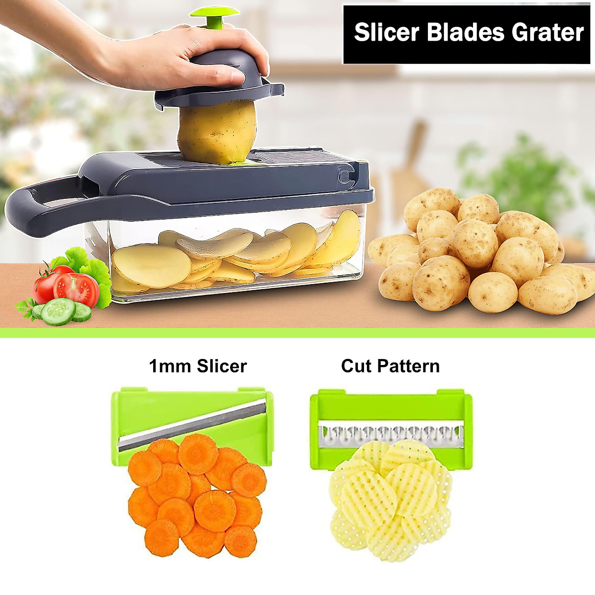 Vegetable Chopper | Pro Onion Chopper, RKINC Multifunctional 14 in 1 Food Chopper, Kitchen Vegetable Slicer Dicer Cutter, Peeler Veggie Chopper With 8 Blades, Carrot and Garlic Chopper With Container