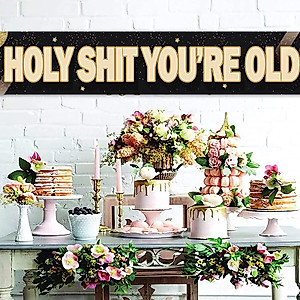 Holy Shit You’re Old Large Banner, Funny Birthday Banner, Happy Birthday Lawn Sign Porch Sign for 30th 40th 50h 60th 70th 80th 90th Birthday Party, Indoor Outdoor Backdrop 8.9 x 1.6 Feet