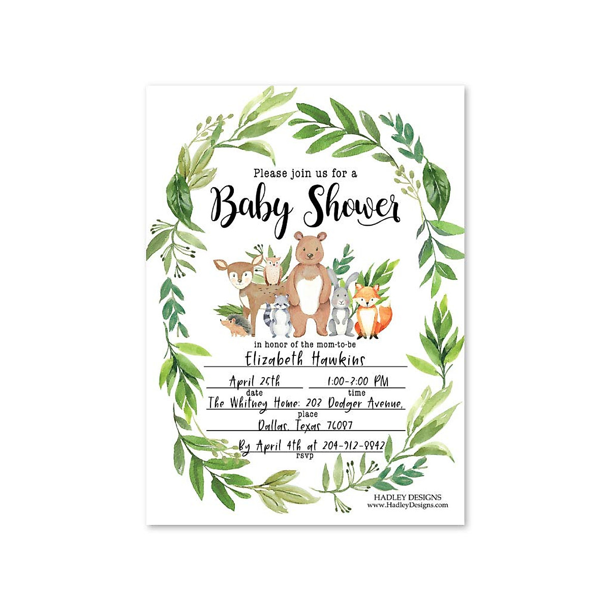 25 Greenery Woodland Baby Shower Invitations, Sprinkle Invite For Boy or Girl, Coed Rustic Gender Reveal Neutral Theme, Cute Deer Bunny Fill Write In Blank Printable Card, Animal Party DIY Supplies