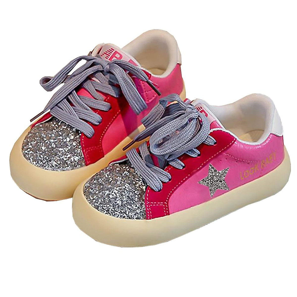 XinYiQu Girls Sparkle Star Casual Sneakers Glitter Sequin Sports Tennis Shoes 9.5 Toddler,Rose