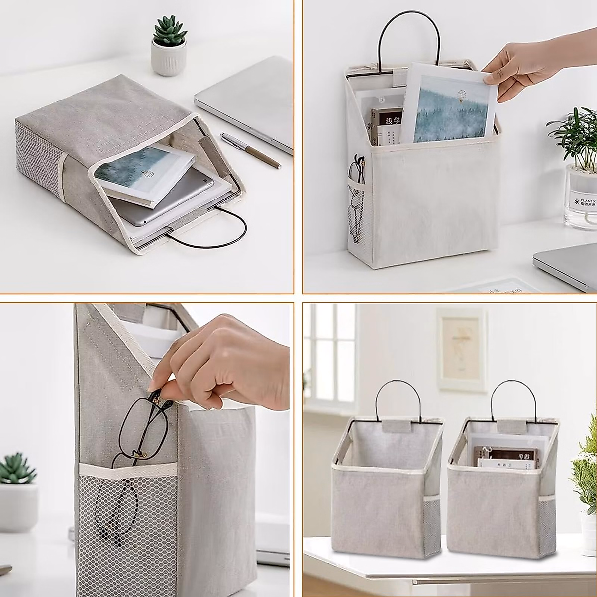 Voittozege 8 Pack Wall Hanging Storage Bag Waterproof Linen Cotton Hanging Storage Bags Wall Hanging Organizer bags with 10 Pieces Sticky Hooks for Bedroom Bathroom Kitchen