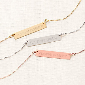 EVE'S ADDICTION Custom Engraved Gold Tone Coordinate Necklace - Personalized Longitude Latitude Necklace for Her - Couples Necklace - Wedding Necklace - Name Bar Necklace - Gifts for Mom
