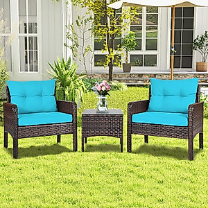RELAX4LIFE 3-Piece Patio Furniture Set, PE Rattan Wicker Outdoor Conversation Set w/Glass Top Coffee Table & Thick Cushions for Deck Porch Balcony Garden, Bistro Table and Chairs Set of 2 (Turquoise)