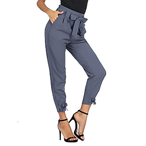 GRACE KARIN 2 Pack Women Paper Bag Pants Elastic High Waist Bow-Knot Casual Pencil Pants with Pocket Black+Blue Gray L