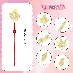 6pcs Metal Bookmarks with Chain, Golden Hollow Bookmark Vintage Exquisite Metal Bookmarks with Red Chinese Knot Hanging String Maple Leaf Dragonfly Feather for Book Lovers Teens Women Men