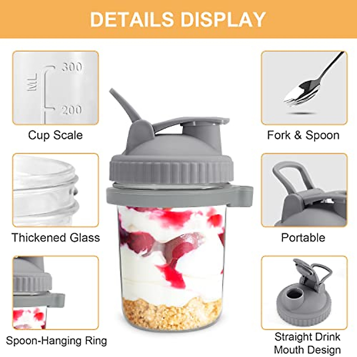 DNANAOL Overnight Oats Containers with Lids - 16 oz Overnight Oats Jars Set of 4, Reusable Yogurt Mason Jars with Lids & Spoons, Large Capacity Airtight Jars for Milk, Cereal, Fruit To Go Containers