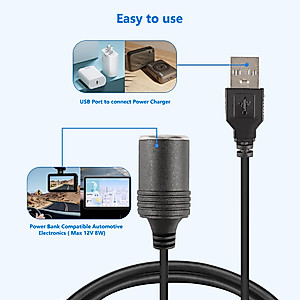 BXIZXD 2-Pack USB A Male to 12V Car Cigarette Lighter Socket Female Converter Cable, Suit for Driving Recorder, Dash Cam and Other Automotive Electronics (8W Max) - 1.2ft