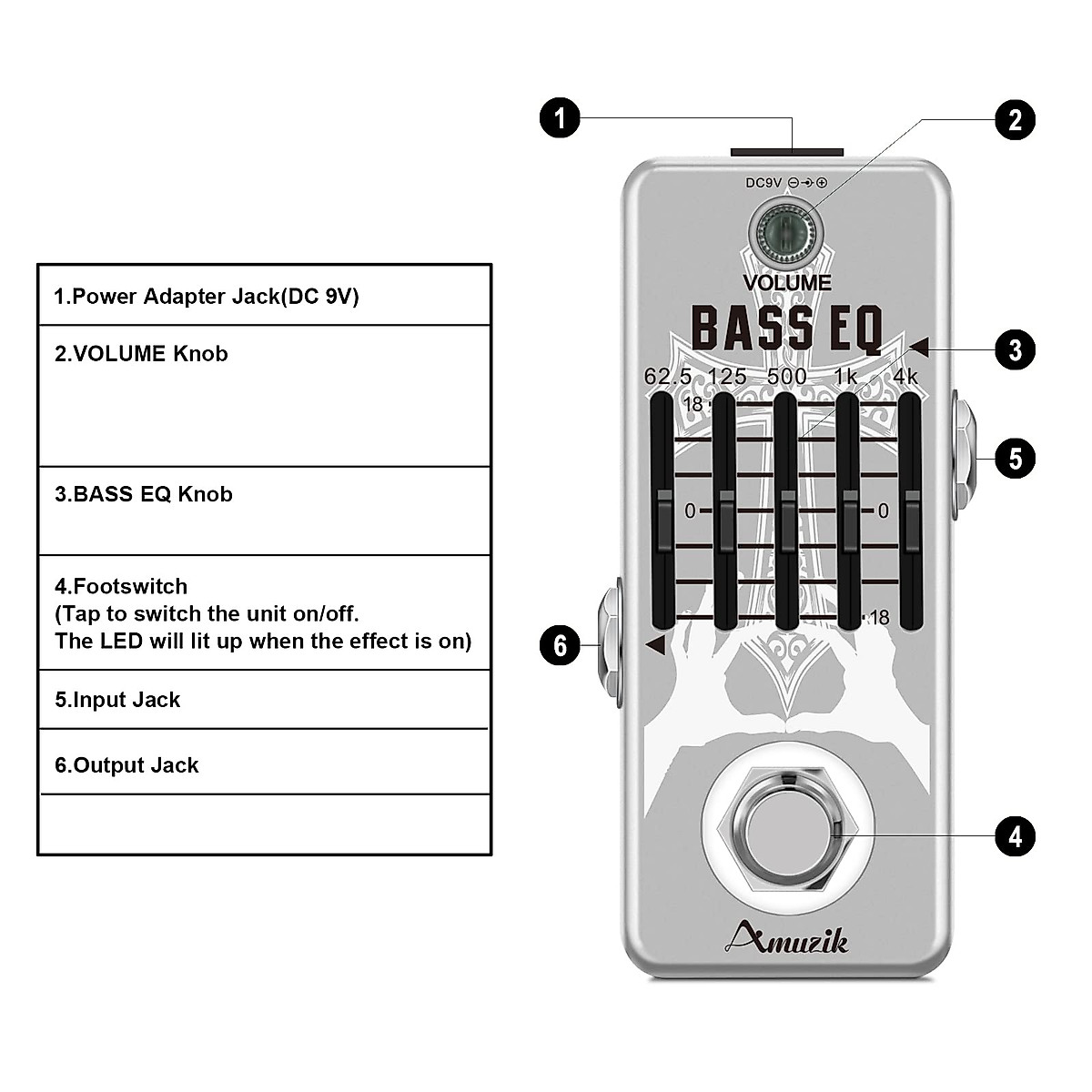 Amuzik Bass EQ Pedal 5 Band Equalizer Pedals For Bass Guitar With 5 Band Graphic Mini Size Full Metal Shell True Bypass, LEF-317B