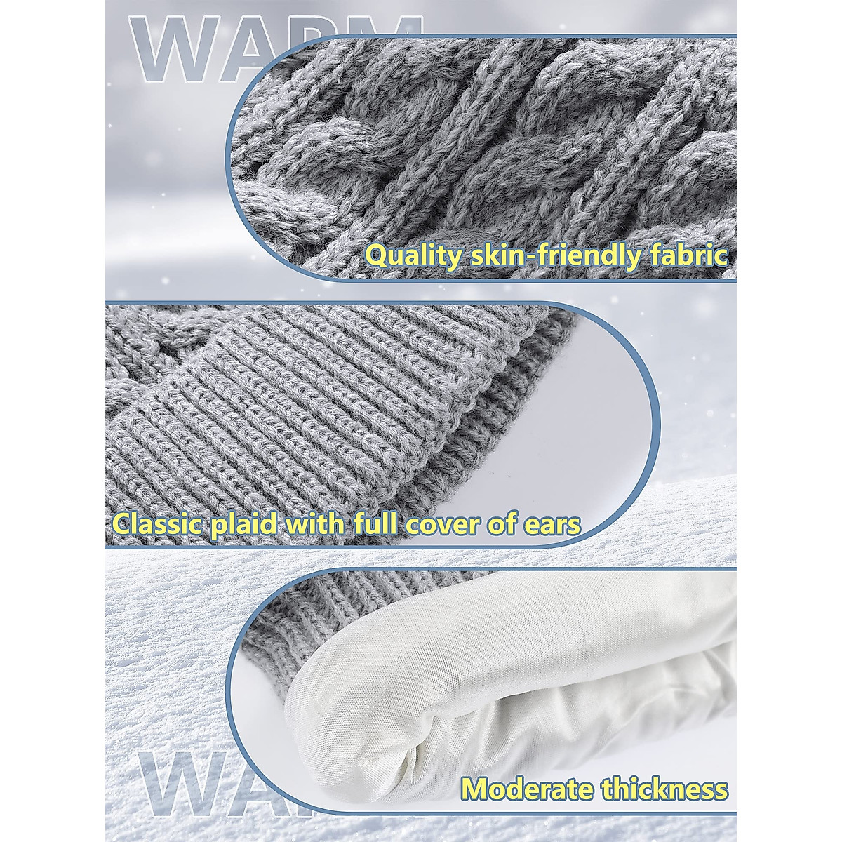 3 Pieces Kids Satin Lined Knit Beanies Winter Hat Child Warm Ski Skull Caps for Girls Boys Baby Toddlers 3-12 Years (Black, Navy Blue, Light Gray,Simple Style)