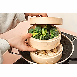 Reishunger Bamboo Steamer Handmade Basket, Traditional 2-Tier Design - 10 Inch - for Dumplings, Rice, Dim Sum, Vegetables, Fish and Meat - Incl. 2 Cotton Cloths