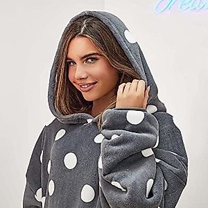 Dreamscene Spotted Print Oversized Hoodie Blanket Sweatshirt Soft Sherpa Fleece Throw Cosy Wearable Hooded Blanket Big Jumper - Grey, One Size Fits All - Adults Kids Men Women