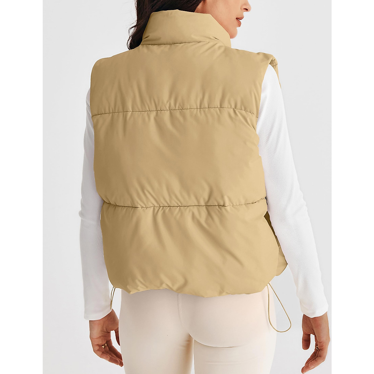 MEROKEETY Women's Quilted Puffer Vest Lightweight Stand-up Collar Soild Color Warm Outewear, Khaki, Small