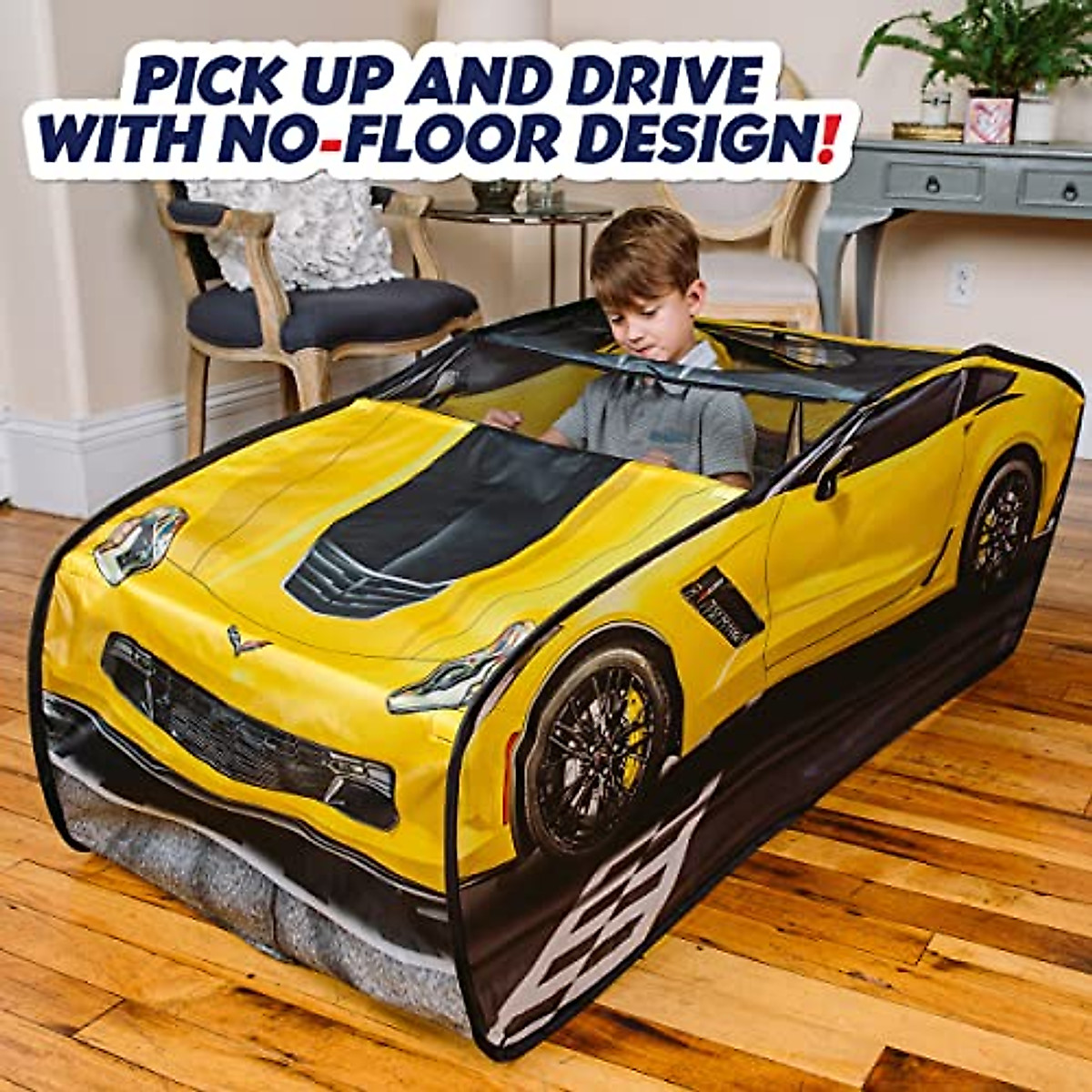 Chevy Corvette Pop Up Tent,Large Foldable Race Car Play Tent for Kids, Birthday Gift Boy, Yellow, 3+