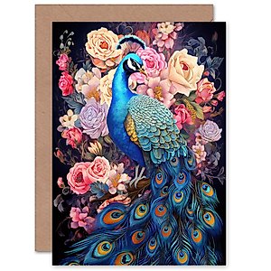 Artery8 Elegant Peacock Bird With Rose Flower Blooms for Wife Her Mum Sister Daughter Mom Gran Nan Birthday Thank You Mothers Day Blank Art Greeting Card