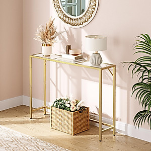 MAHANCRIS Console Table, 40.2” Modern Sofa Table, Tempered Glass Hallway Table, Slim Couch Table, Narrow Sofa Table with Metal Frame, Easy to Install, for Entryway, Living Room, Gold CTJ101B01