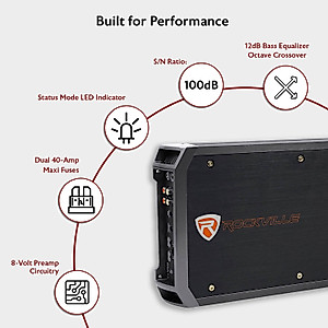 Rockville RXA-T2 2400W 2-Channel Car Amplifier, Dyno-Certified RMS, MOSFET Power Supply, Elna Capacitors, Class A/B, Perfect for Car Audio and Subs