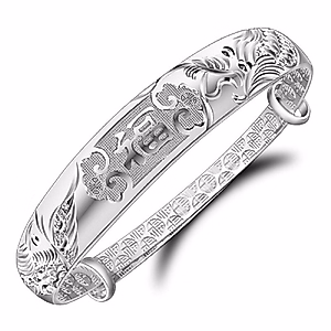 ABIRTE Women's 999 Solid Sterling Silver Chinese Dragon Phoenix Carved Adjustable Bangle Bracelet 15g Weight for Women,Ladies and Elder.