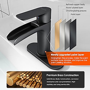 NEWATER Waterfall Brass Bathroom Faucet Single-Handle Black Bathroom Sink Faucet Matte Black Single Hole or 3 Holes 4 inch faucet for bathroom sink，RV Vessel Vanity Faucet with Deck Mount，Pop-Up Drain