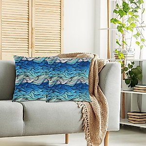 Swono Ocean Wave Pillow Covers, Abstract Swirls Ocean Sea Waves Decorative Pillow Case Home Sofa Cushion Set, Blue Waves Pillow Cushion Cases for Bed/Patio/Garden/Balcony, 2-Pack, 18x18 Inch