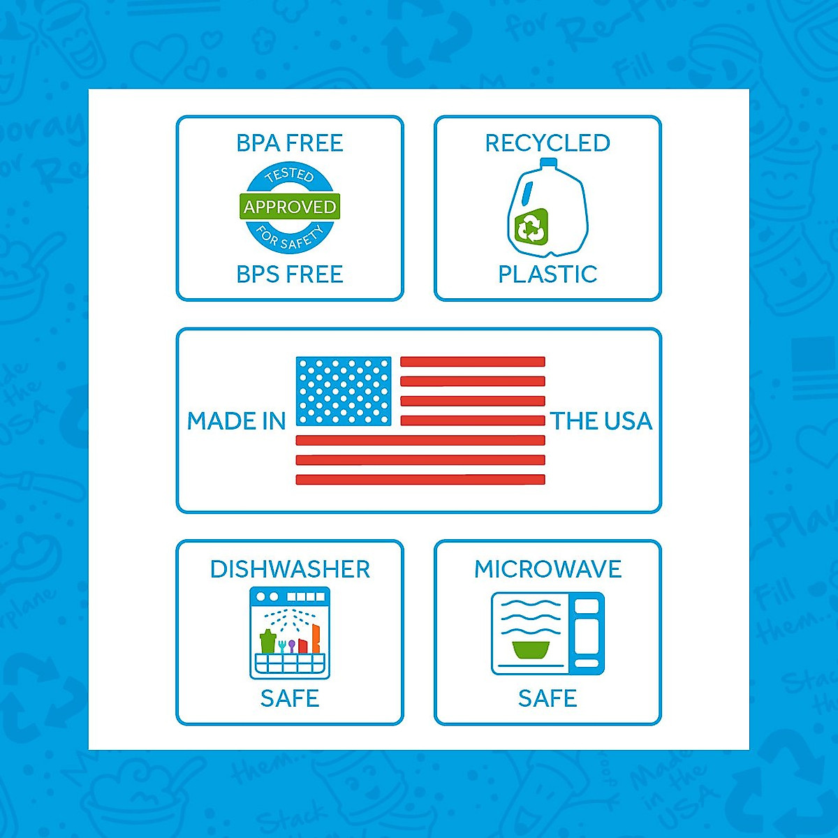 Re-Play Made in USA 10 Oz. Open Cups for Toddlers, Set of 3 - Reusable and Stackable Toddler Cups for Easy Storage - Dishwasher/Microwave Safe Kids Plastic Cups, 4.75" x 3.25", True Blue