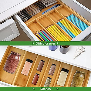 VaeFae Bamboo Drawer Organizer, Expandable Silverware Drawer Organizer and Cutlery Tray, Wooden Drawer Dividers Organizer for Kitchen Utensils and Flatware (5-7 Slots)