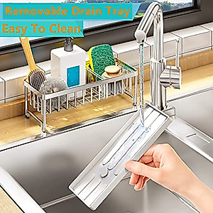 JYFKINN Kitchen Sink Sponge Holder, Kitchen Sink Caddy 304 Stainless Sponge Holder for Kitchen Sink Sponge Organizer with Divider Diversion Drainage, Dish Soap Dispenser Brush Holder Storage