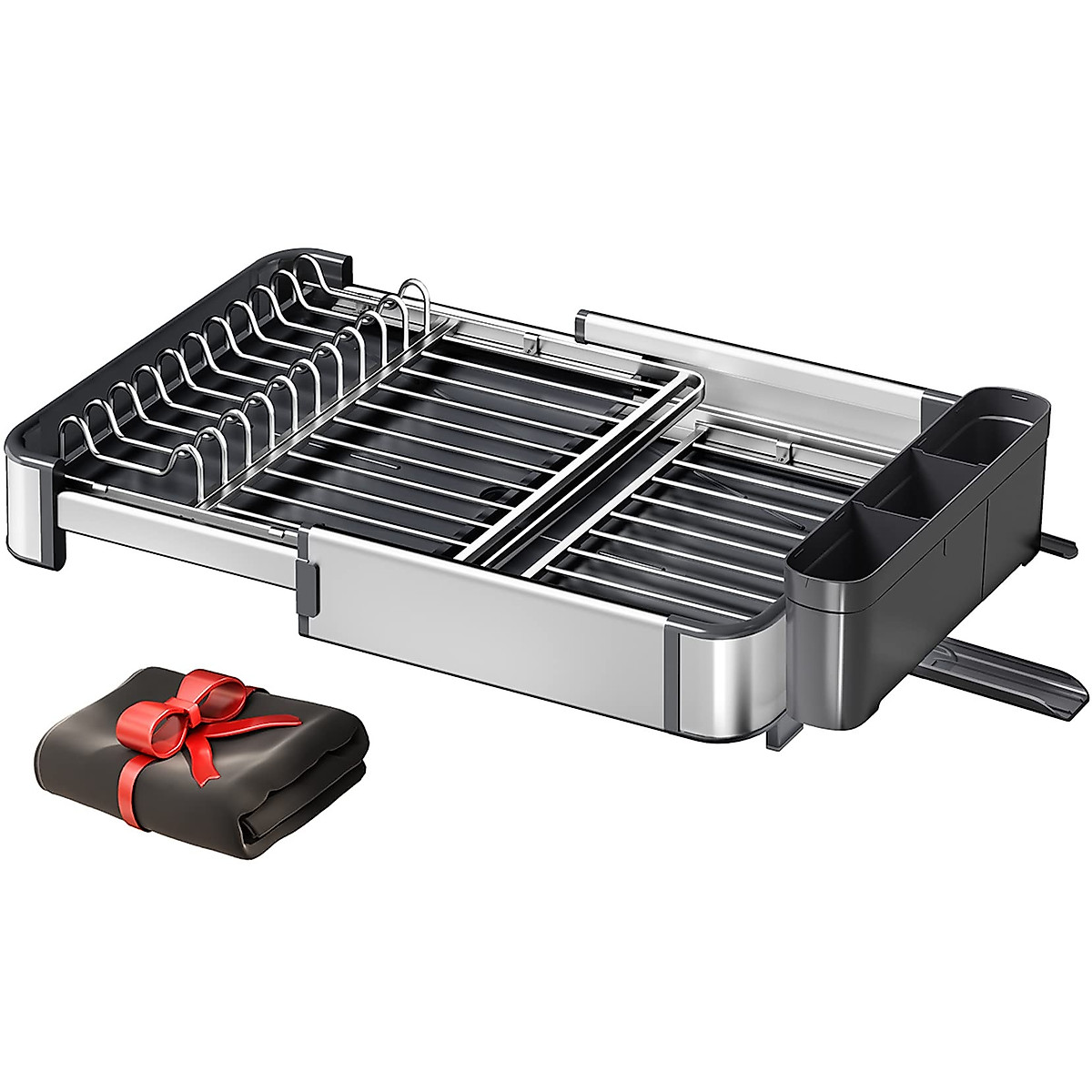 Dish Drying Rack, Aluminium Rustproof Expandable (14.9''-22.3'') Kitchen Counter Dish Rack with Drainboard, Dish Drainer with Drying Mat Utensil Holder Sink Caddy, Silver Grey