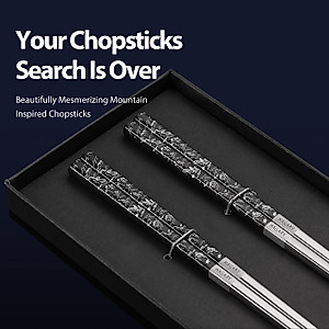 Hagary Mountain Black Chopsticks Metal Chopsticks Reusable Designed In Korea Japanese Style Stainless Steel 316 18/10 Non-Slip Dishwasher Safe (Black - 2 Pairs)