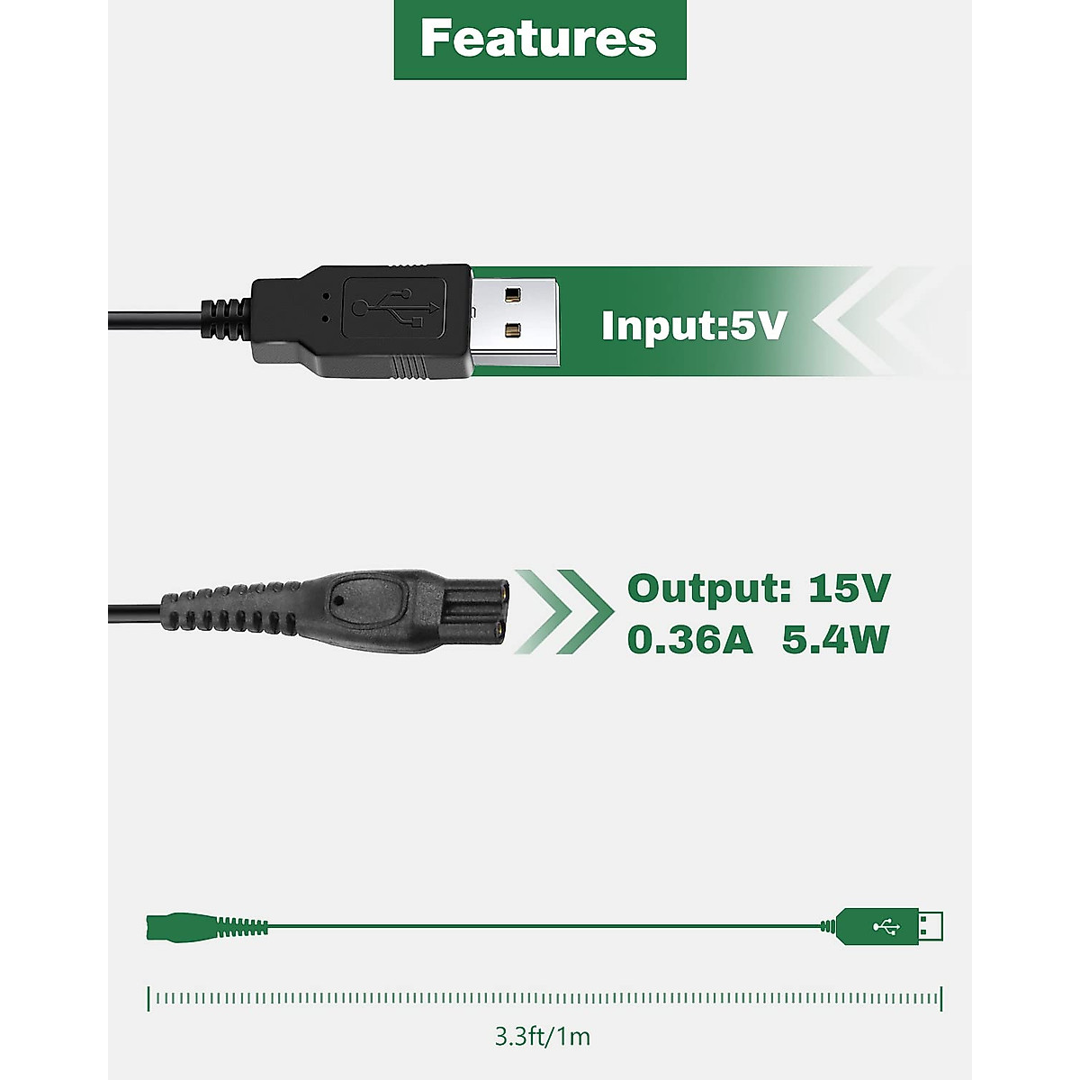 JOVNO 15V USB Charging Cable for HQ8505 2300 7000 5000 3000 Series 3500 mg5750 mg7750 S1560 Electric Shaver Razor Multigroom Beard Trimmer, 15V 0.36A Power Supply Adapter Charging Cord