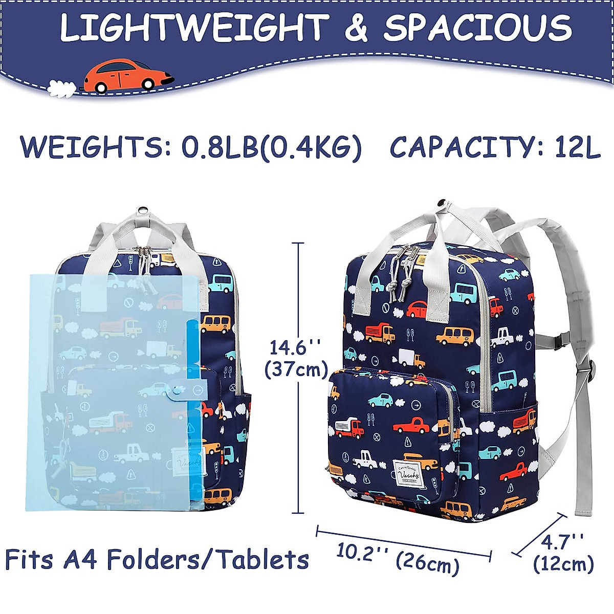 VASCHY Toddler Kids Backpack, Little Boys Lightweight Cute Top Handle Preschool Backpack Tablet Bag for Daycare Kindergarten Vehicles