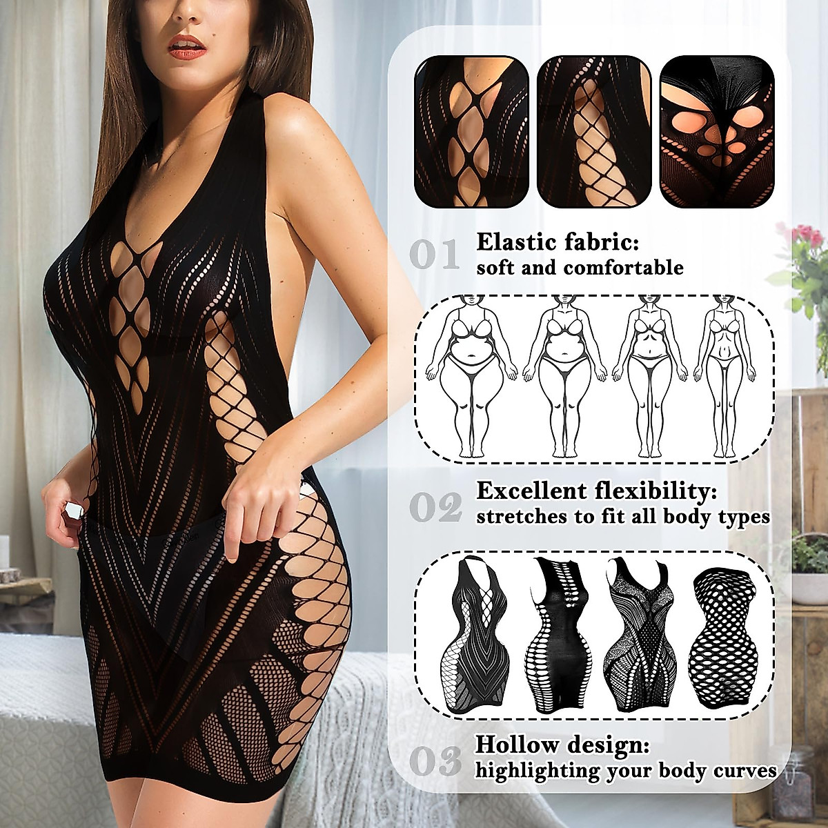 selizo 8 Pack Fishnet Dress for Women, Black Fish Net Lingerie Bodysuit Chemise Nighty Women's Mesh Lace Dress, One Size Fits All