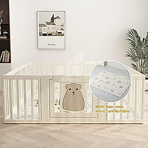 Benarita Baby Playpen 71" L x 79" W x 26”D Kids Activity Center Safety Play Yard with Gate and Mat Beige Indoor Outdoor Fence for Baby Boys Girls 14 Panel