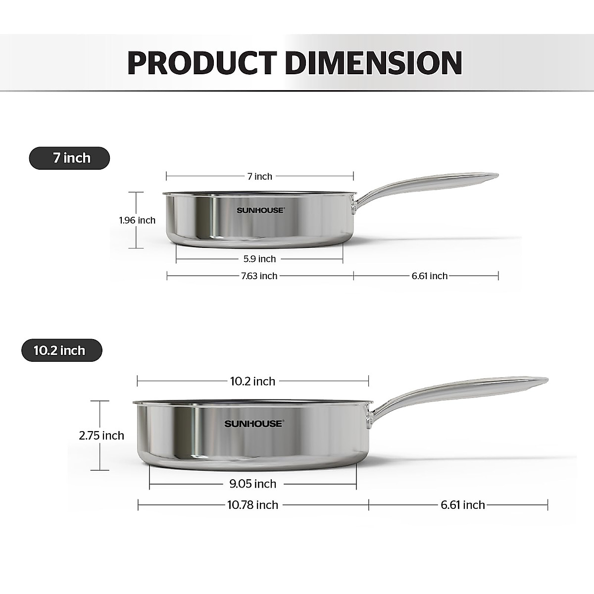 Sunhouse Titanium-Coated Tri-Ply Stainless Steel Pan, Non-Toxic, PFAS PFOA & PTFE Free, Oven Safe, Compatible with All Cooktops (10 inch)