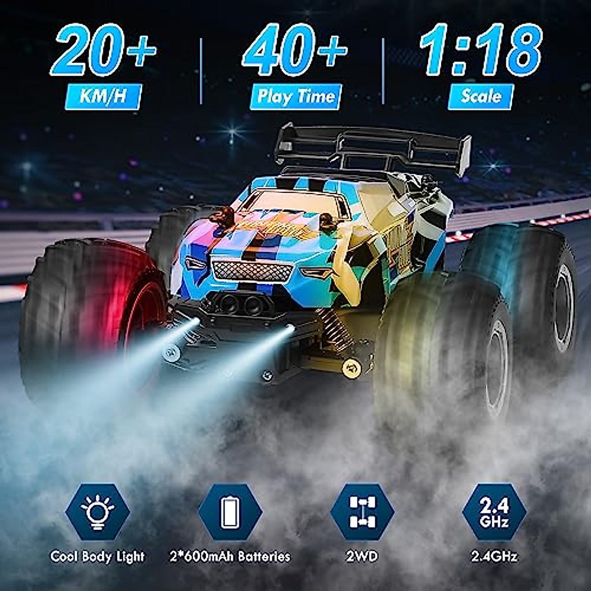 HENEROAR Remote Control Car, Remote Control Truck, 2.4Ghz All Terrain Off-Road Monster Truck, 20 KM/H Rc Cars with LED Bodylight and 2 Rechargeable Batteries Toys for Boys Age 4-7 8-12