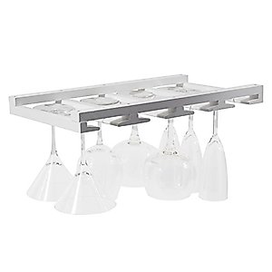 Rustic State Eze 4 Sectional Adjustable Under Cabinet Mount Wood Stemware Rack Hanging Shelf Glassware Holder Bar Organizer with up to 12 Wine Glass Storage 10 Inch Deep White