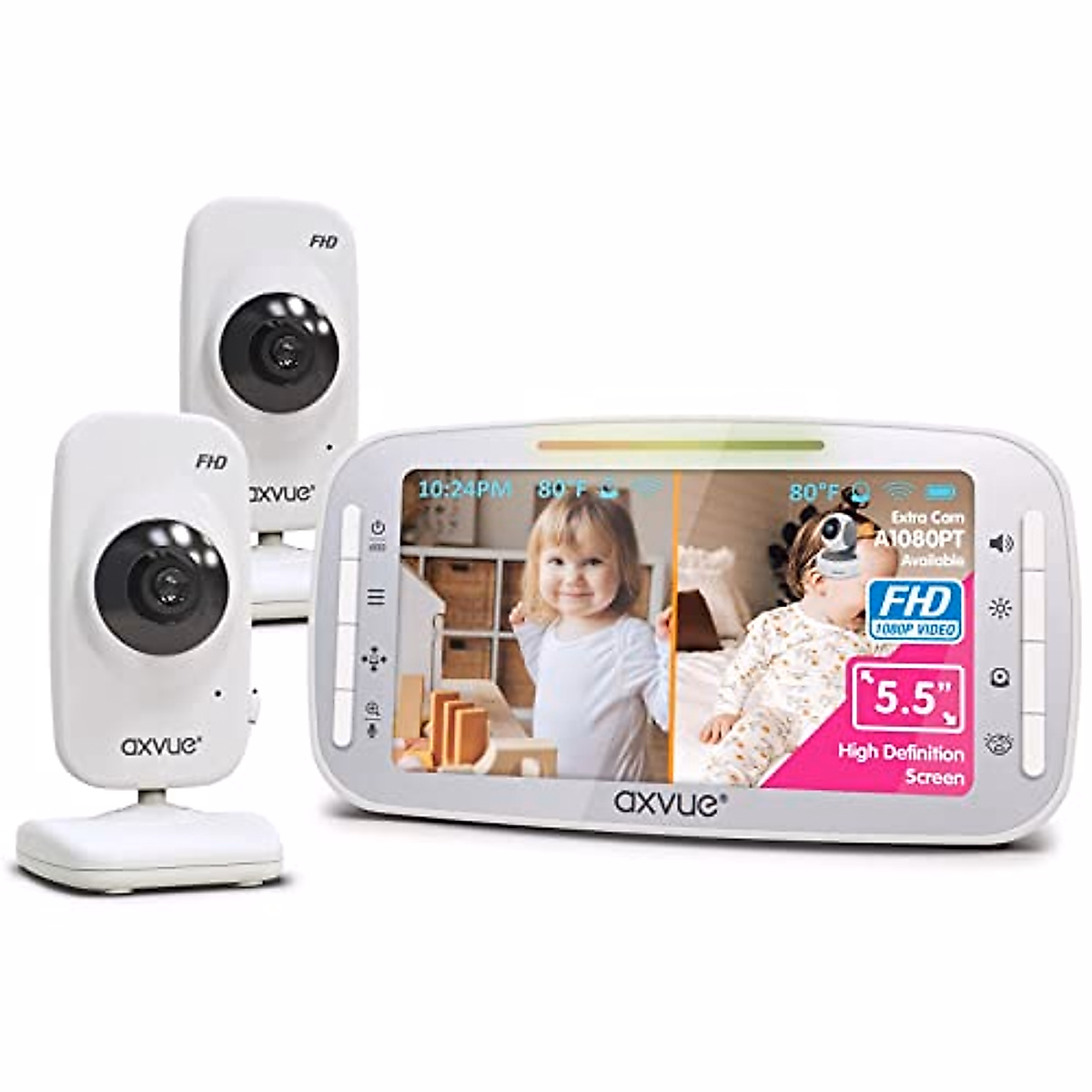 Video Baby Monitor,1080P Full HD Ultra clear image quality,5.5" IPS Screen Monitor & 2 Camera, Range up to 1000ft,24h Battery Life, 2-Way Talk,Split Screen,Night Vision,Temperature Monitor,No WiFi.