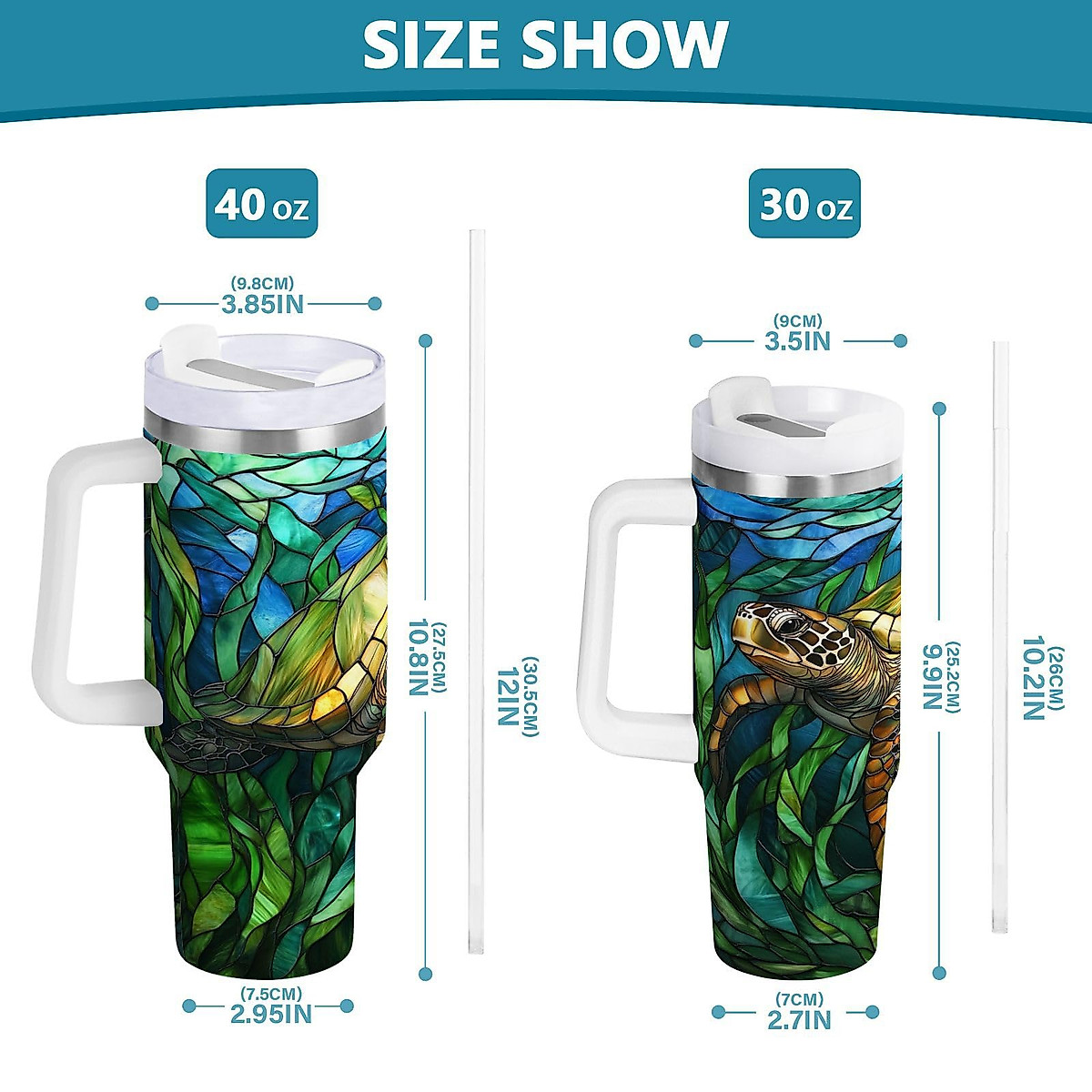 Slewiaeky Tumbler with Handle 40 oz Ocean Turtle Tortoise Travel Mug with Lid and Straw Sea Stainless Steel Vacuum Insulated Water Bottle Cup for Iced Tea Coffee Cold Beverages Cup Holder Friendly