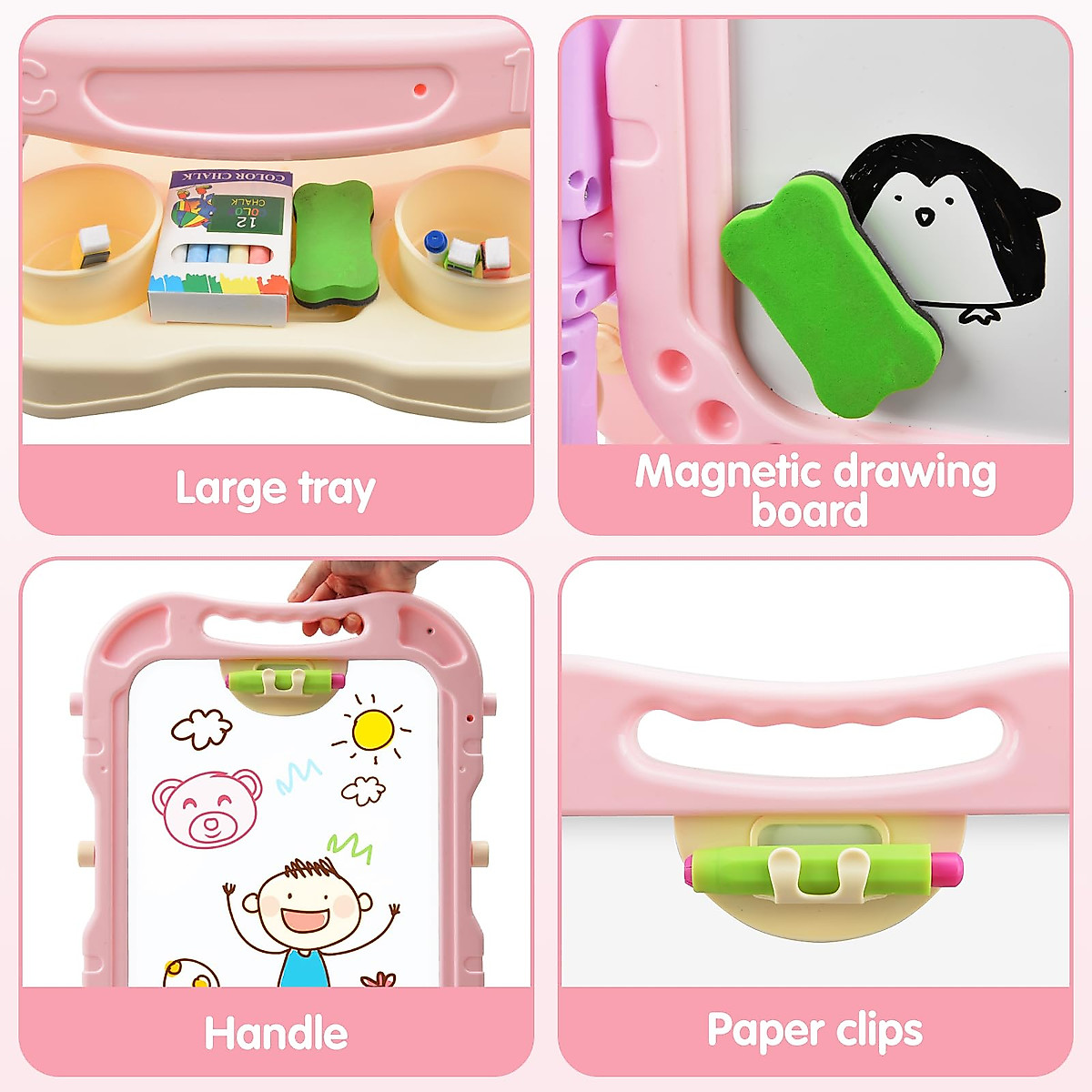 Amagoing Easel for Kids, Adjustable Standing Art Easel for Toddler, Double Magnetic Drawing Board with Painting Accessories, Birthday Christmas Gift for Little Boys and Girls, Middle Size Pink