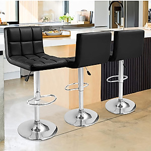 KaiMeng Bar Stools Modern Square Counter Height Barstool 22" to 33" PU Leather Swivel Adjustable Stool with Back Set of 2 for Kitchen Dining (Black)