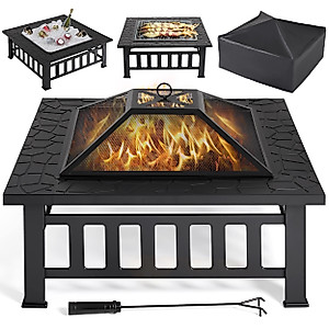 Yaheetech 34in Fire Pit Table Outdoor Wood Fire Pits Fire Pits for Outside Patio Square Steel Stove with Mesh Screen, Waterproof Cover & Poker for Bonfire Camping