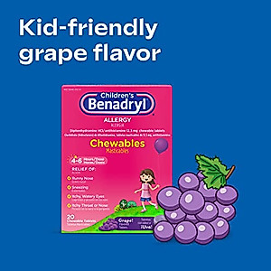 Benadryl Children's Allergy Chewables with Diphenhydramine HCl, Antihistamine Chewable Tablets in Grape Flavor, Three Pack, 3 x 20 ct Each, 60 ct