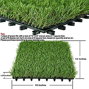 XLX TURF Artificial Grass Tiles Interlocking Turf Deck Set 9 Pack - 12"x12" Synthetic Fake Grass Self-draining Mat Flooring Decor Pad for Dog Pet Indoor Outdoor