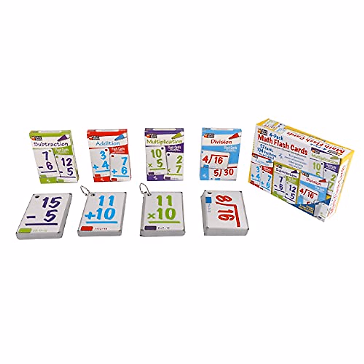 Regal Games - Four-Pack Variety Math Flash Cards - Addition, Subtraction, Multiplication, Division Practice - Classroom, Homework, Study Supplement - Includes 2 Binder Rings - 208 Cards