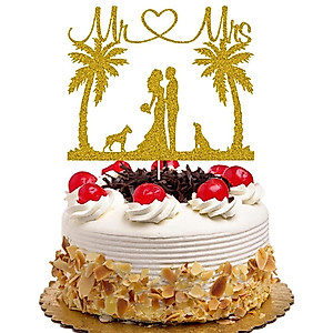 Mr & Mrs Cake Topper Tropical Wedding Cake Decorations Palm Tree Hawaii Beach Wedding Party Supplies Bride & Groom with Dogs Gold Glitter