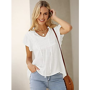 DEEP SELF Womens White Smocked Tunic Tops Dressy Casual Ruffle Short Sleeve Blouse Drawstring V Neck Shirts for Vacation Spring