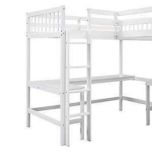 DRELOFT Twin Size L-Shaped Double Loft Beds with 2 Built-in Desks and Ladder, Wood Double High Loft Bed Frame with Safety Guardrails for Kids, Teens, Boys and Girls, 2 Beds in 1 Designed, White