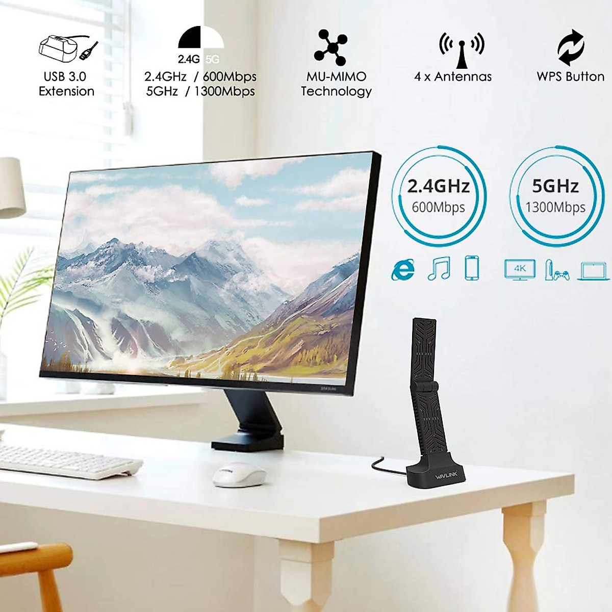 USB WiFi Adapter 1900mbps,WAVLINK Dual Band USB 3.0 WiFi Dongle/2.4 + 5Ghz Wireless Network Adapter/Card for PC/Desktop/Tablet/Laptop, 802.11ac WiFi Support Windows 11/XP/Vista/7/8/8.1/10 and MAC OS